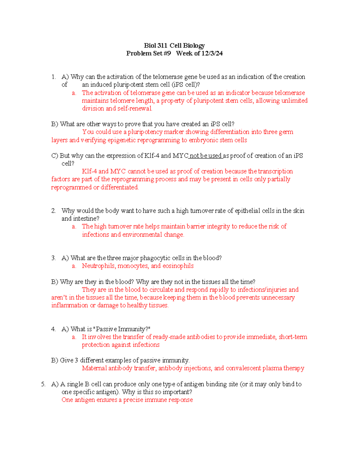 Problem Set #9 F24 - discussion questions - Biol 311 Cell Biology Problem Set #9 Week of 12/3/ A ...