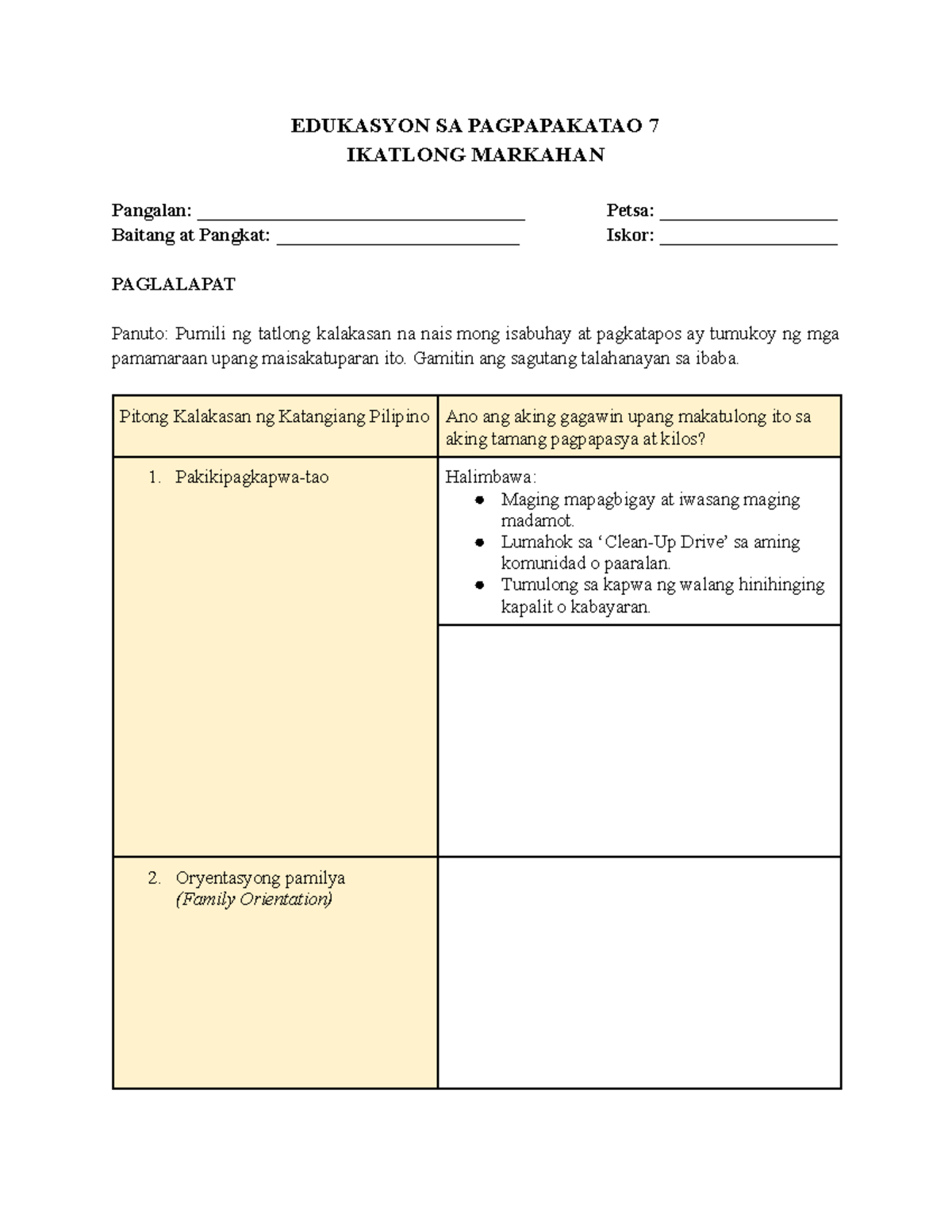 Final Paglalapat Worksheet - EDUKASYON SA PAGPAPAKATAO 7 IKATLONG ...