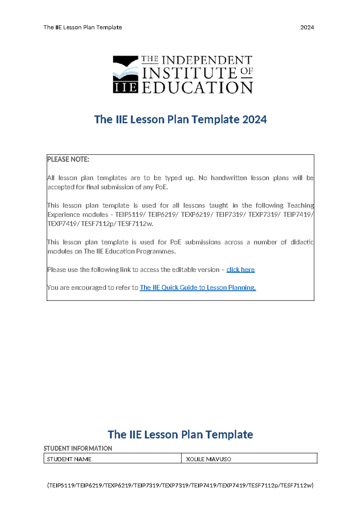 TESF7112 p TESF104 Lesson Plan Template 2024 Lesson 6 - The IIE Lesson ...