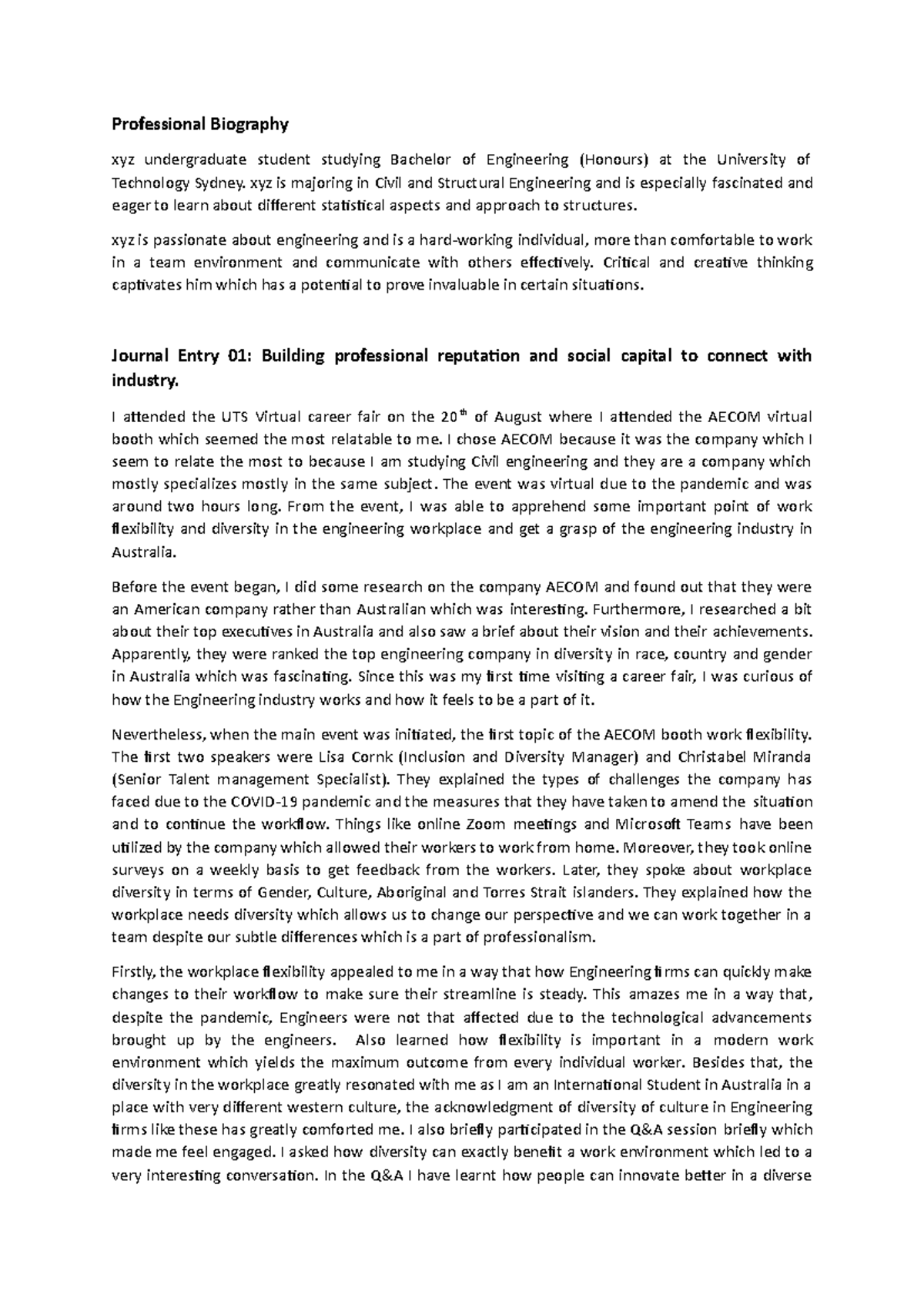 EPP Final - Professional Biography xyz undergraduate student studying ...