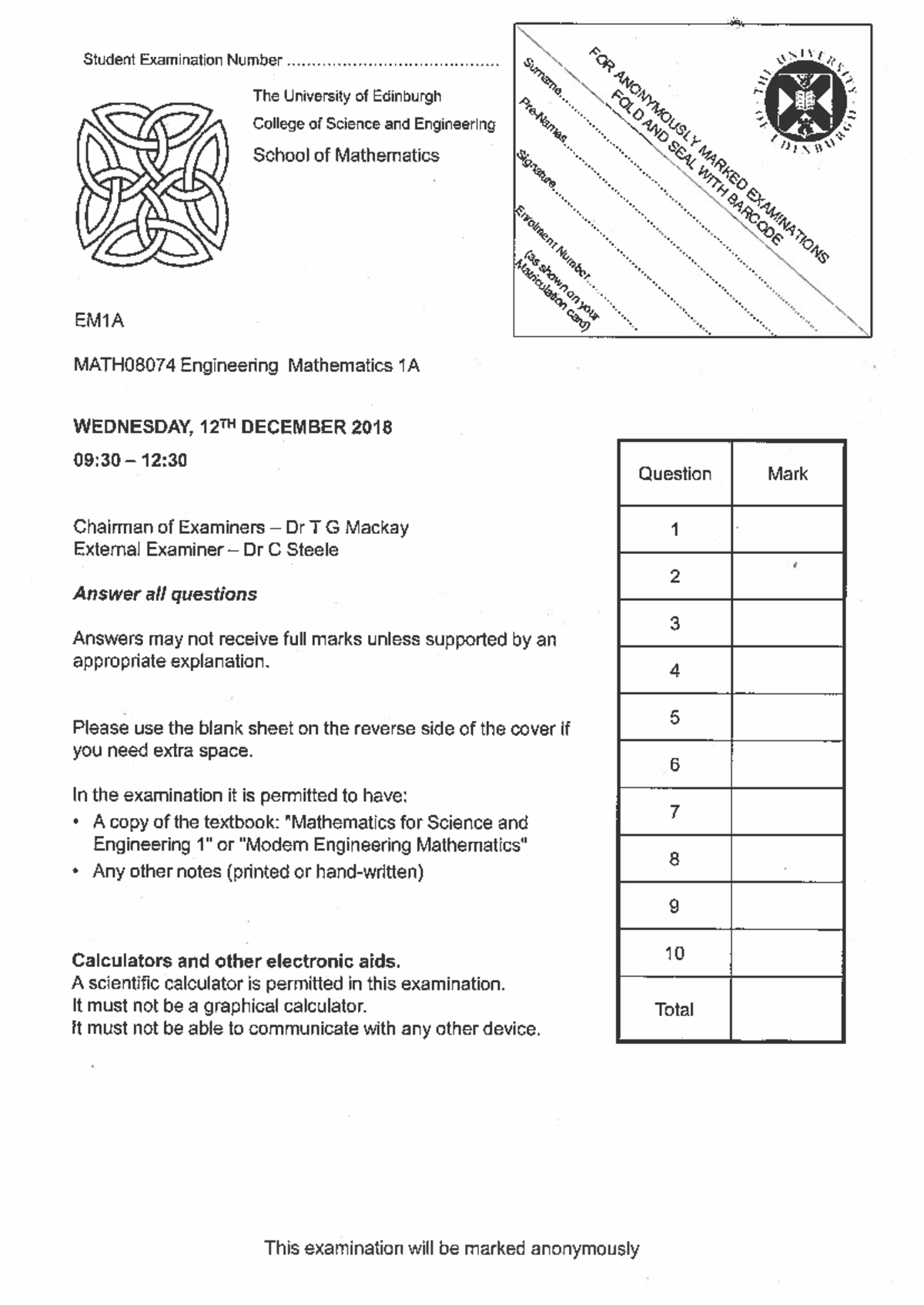2019 235 MATH08074 - PAST PAPERS - Student Examination Number The ...