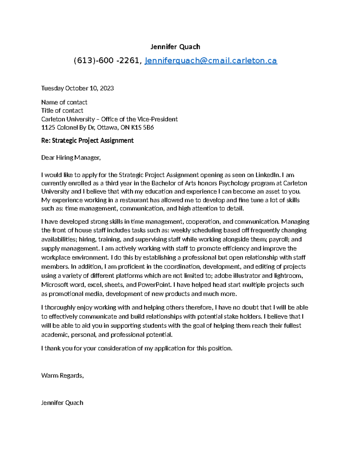 COOP cover letter - Jennifer Quach (613)-600 -2261, Jenniferquach@cmail ...