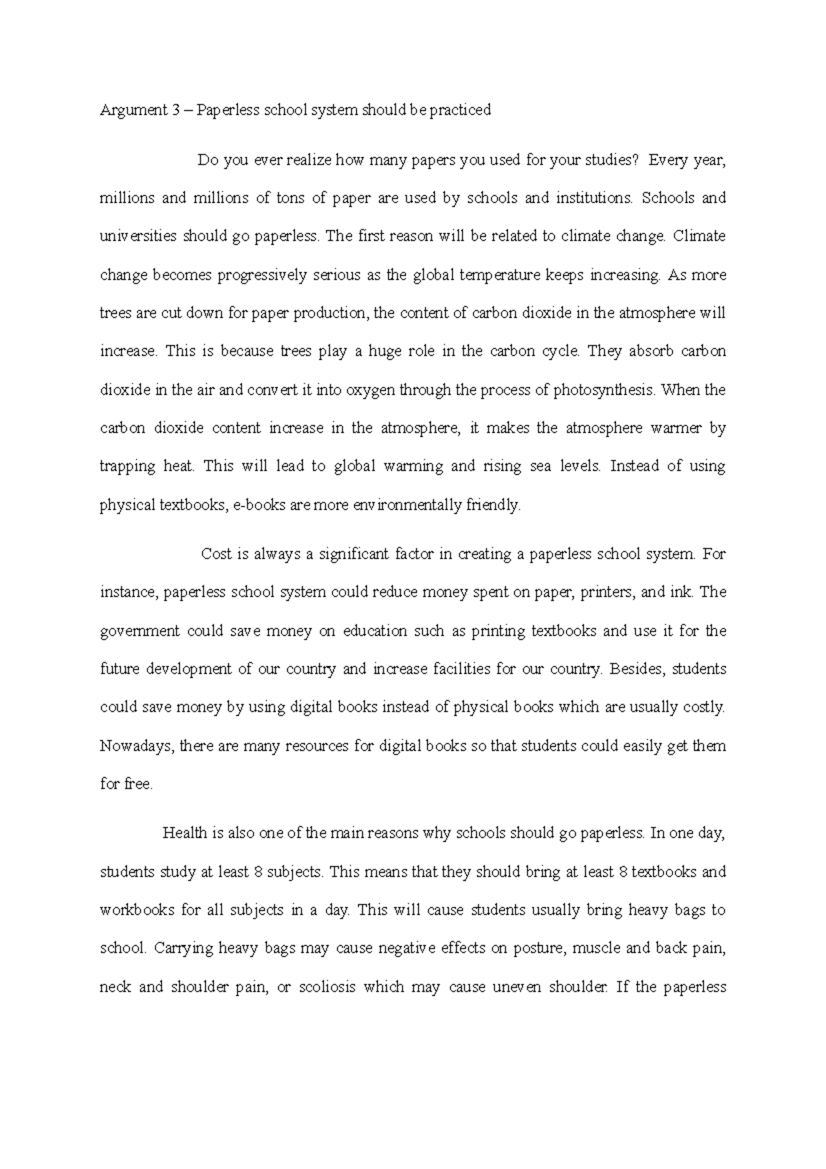 Should paperless school system be practiced in school - Argument 3 ...