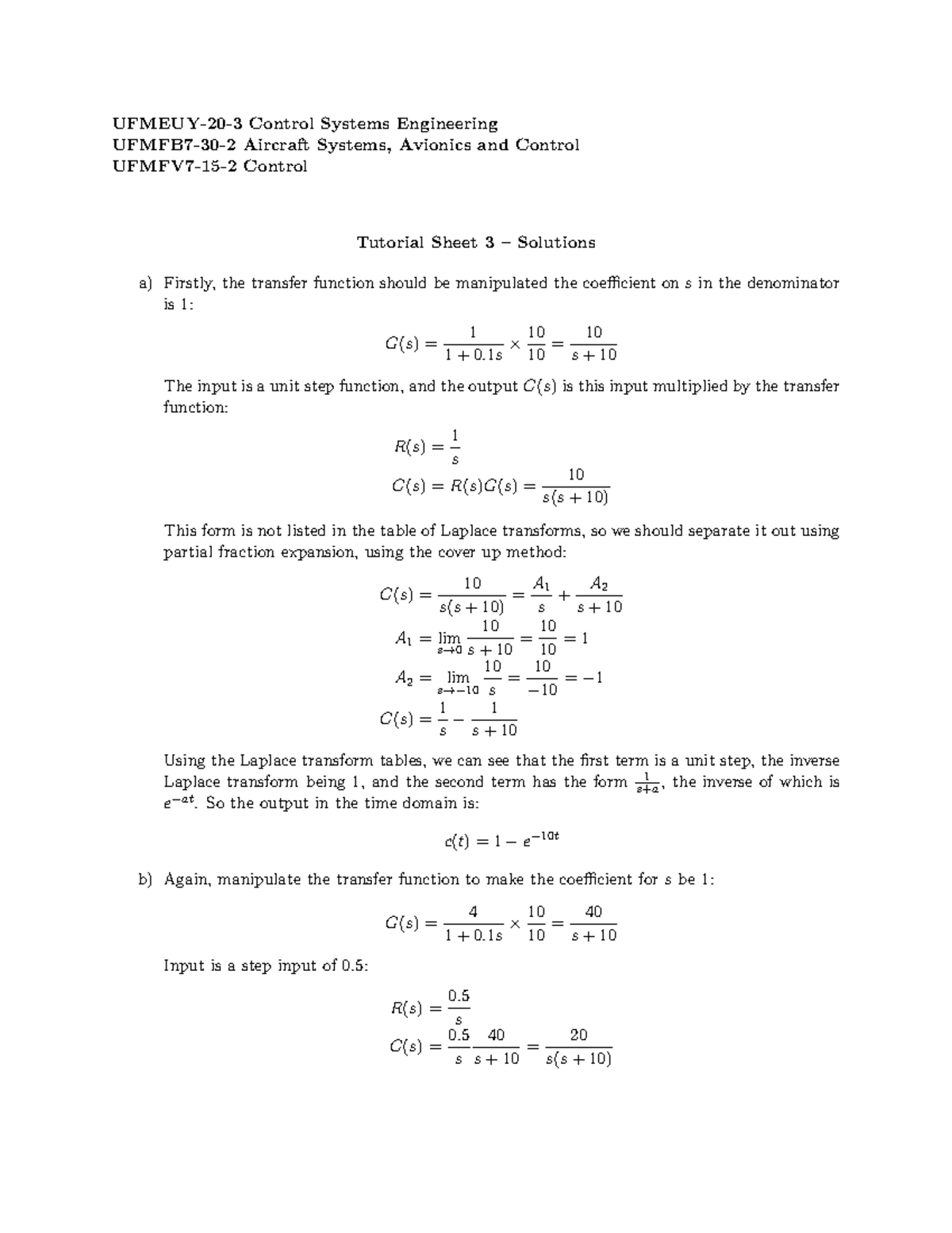 Tutorial Sheet 3.1 - Solutions - UFMEUY-20-3 Control Systems Engineering UFMFB7-30-2 Aircraft ...