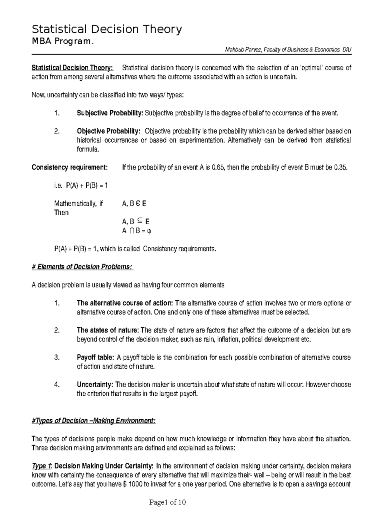 4. Decision Theory - MBA Program. Mahbub Parvez, Faculty of Business ...