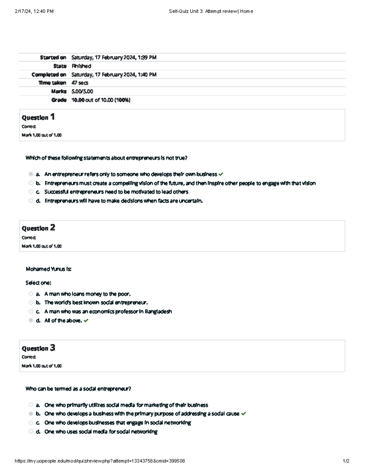 BUS 3303 Self-Quiz Unit 3 Attempt review 1 - 2/17/24, 12:40 PM Self-Quiz Unit 3: Attempt review ...