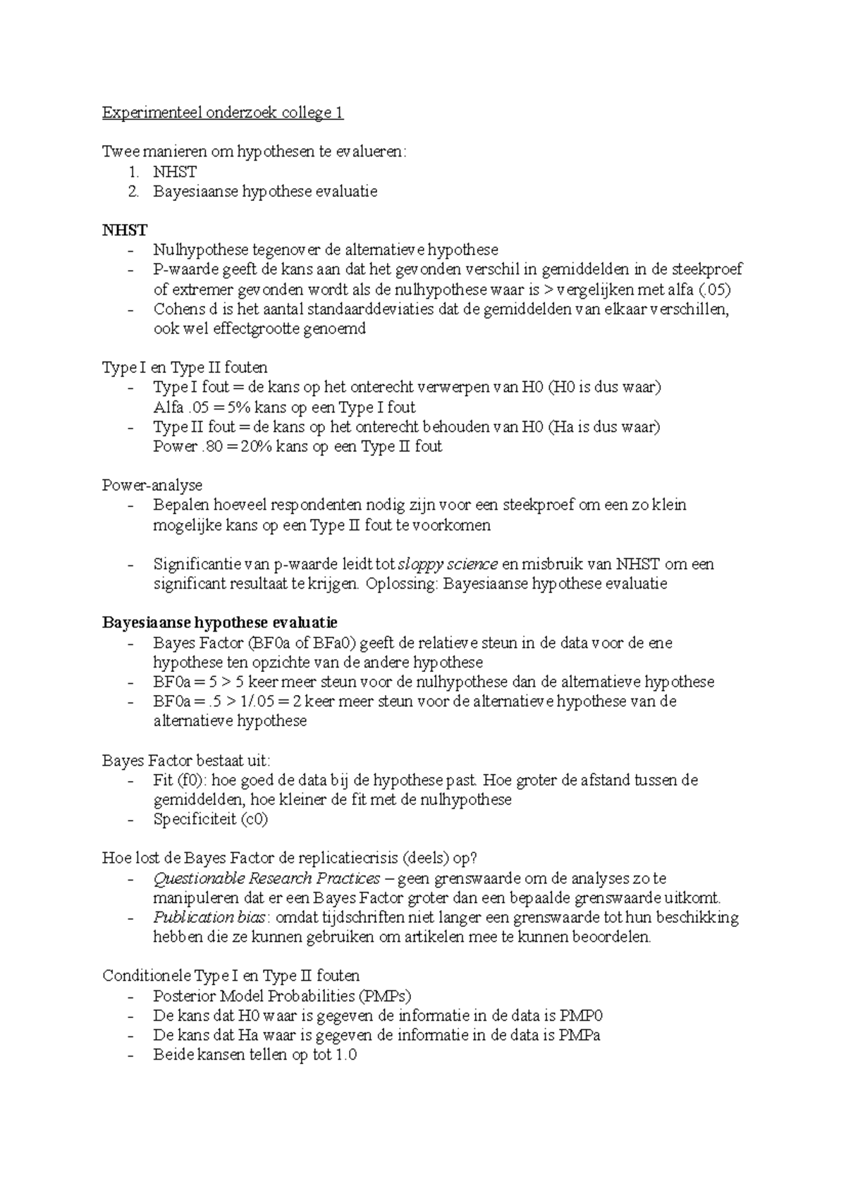 Samenvatting experimenteel TOE - Experimenteel onderzoek college 1 Twee ...