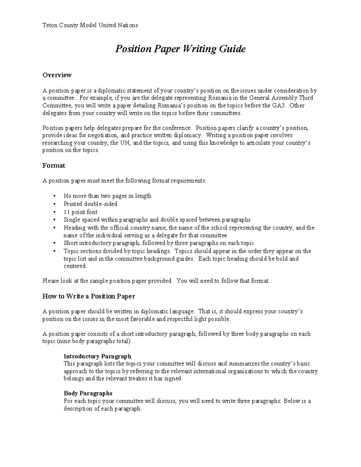 Position Paper Writing Guide 1s516i6 - Teton County Model United ...