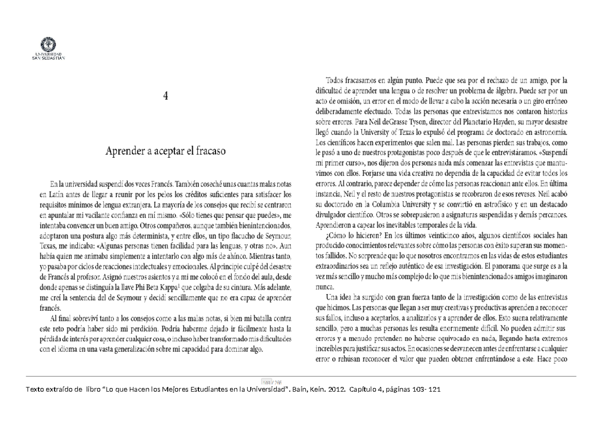 Texto aprender a aceptar el fracaso - Enseñanza de la Lectura y Escritura Inicial - Studocu