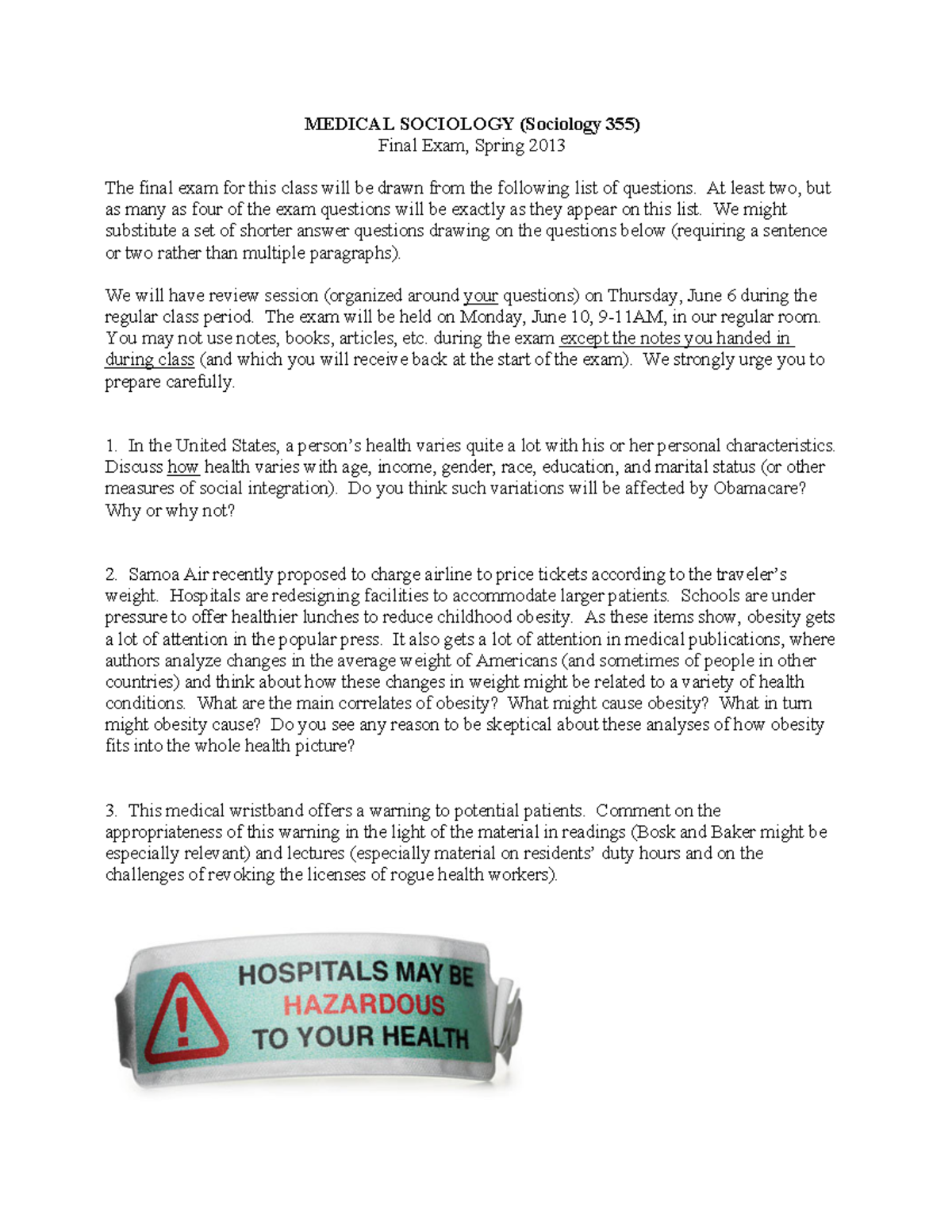 Soc.355.Final - Final exam review - MEDICAL SOCIOLOGY (Sociology 355 ...