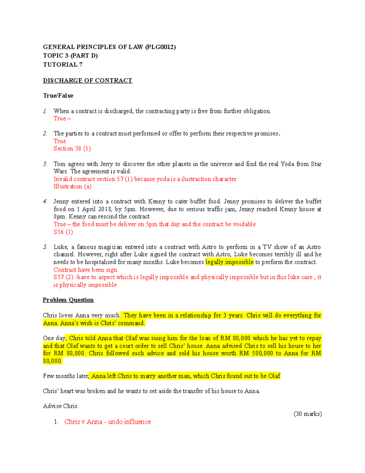 TUT 7 - Topic 3 (PART D) - GENERAL PRINCIPLES OF LAW (PLG0012) TOPIC 3 ...