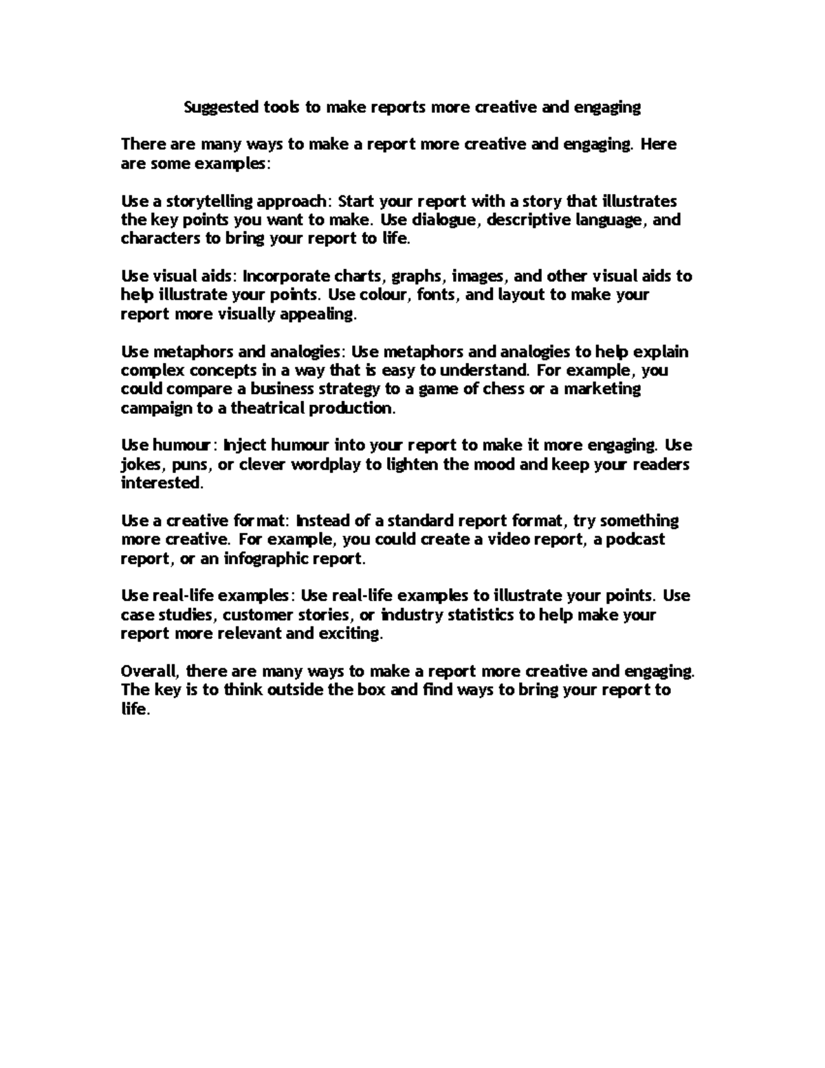 Suggested tools to make the reports more engaging and creative ...