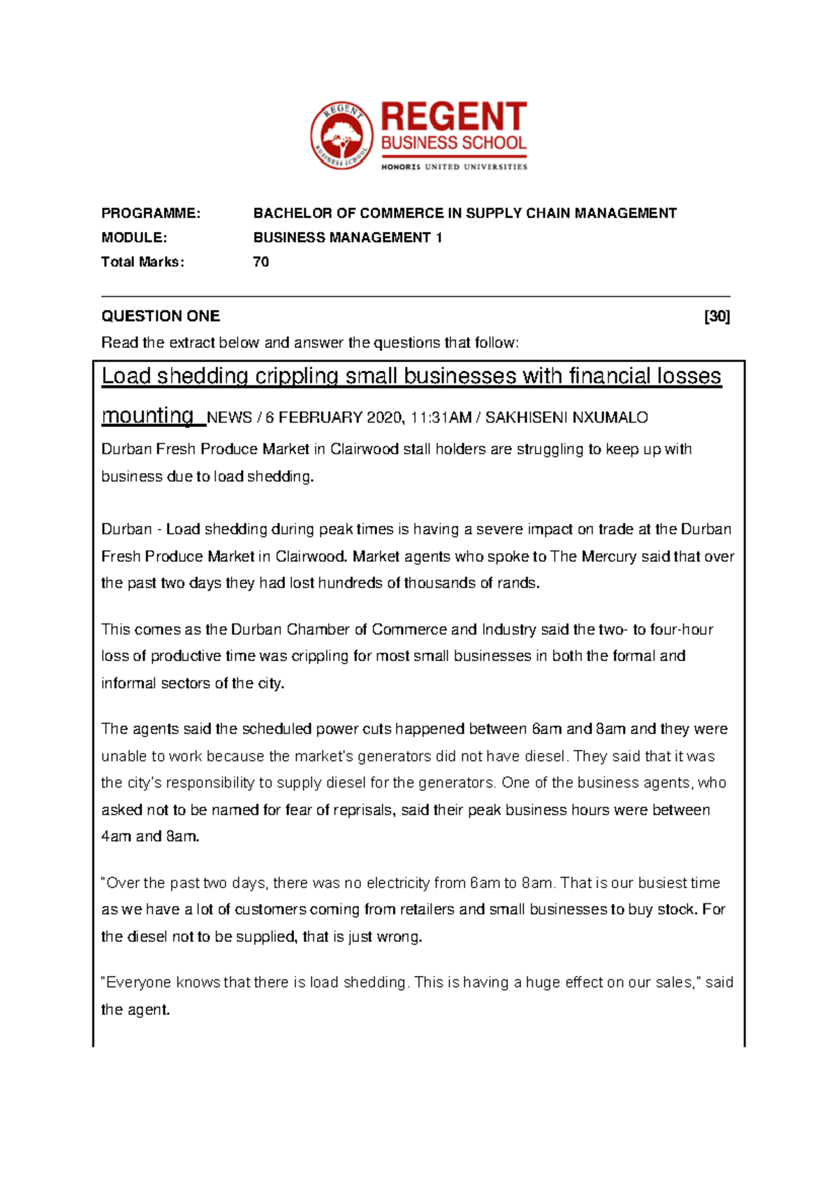 Bcomscm Business Management 1 Assignment 1 - PROGRAMME: BACHELOR OF ...