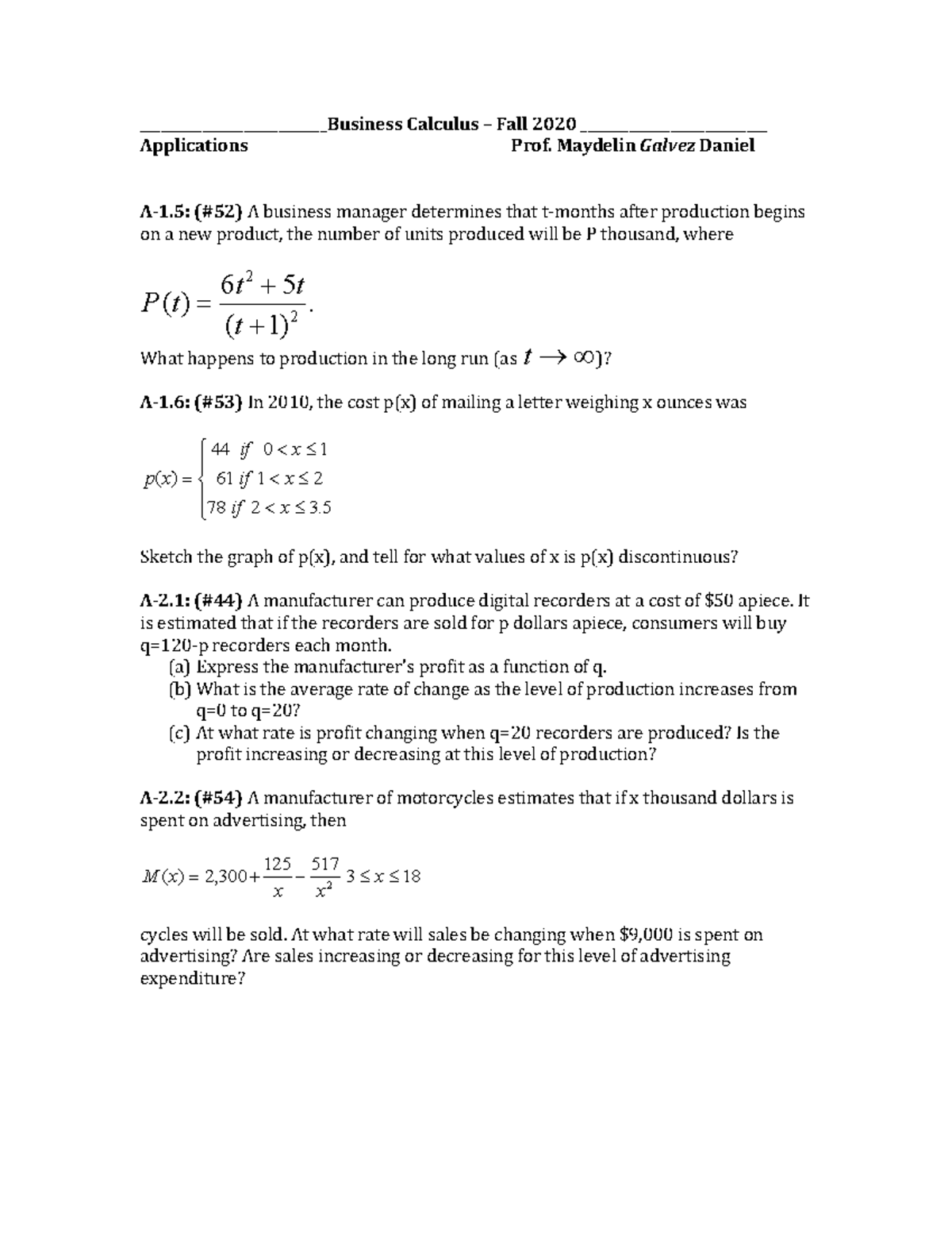 Applications-1 - applications - ___________________________Business Calculus – Fall 2020 - Studocu