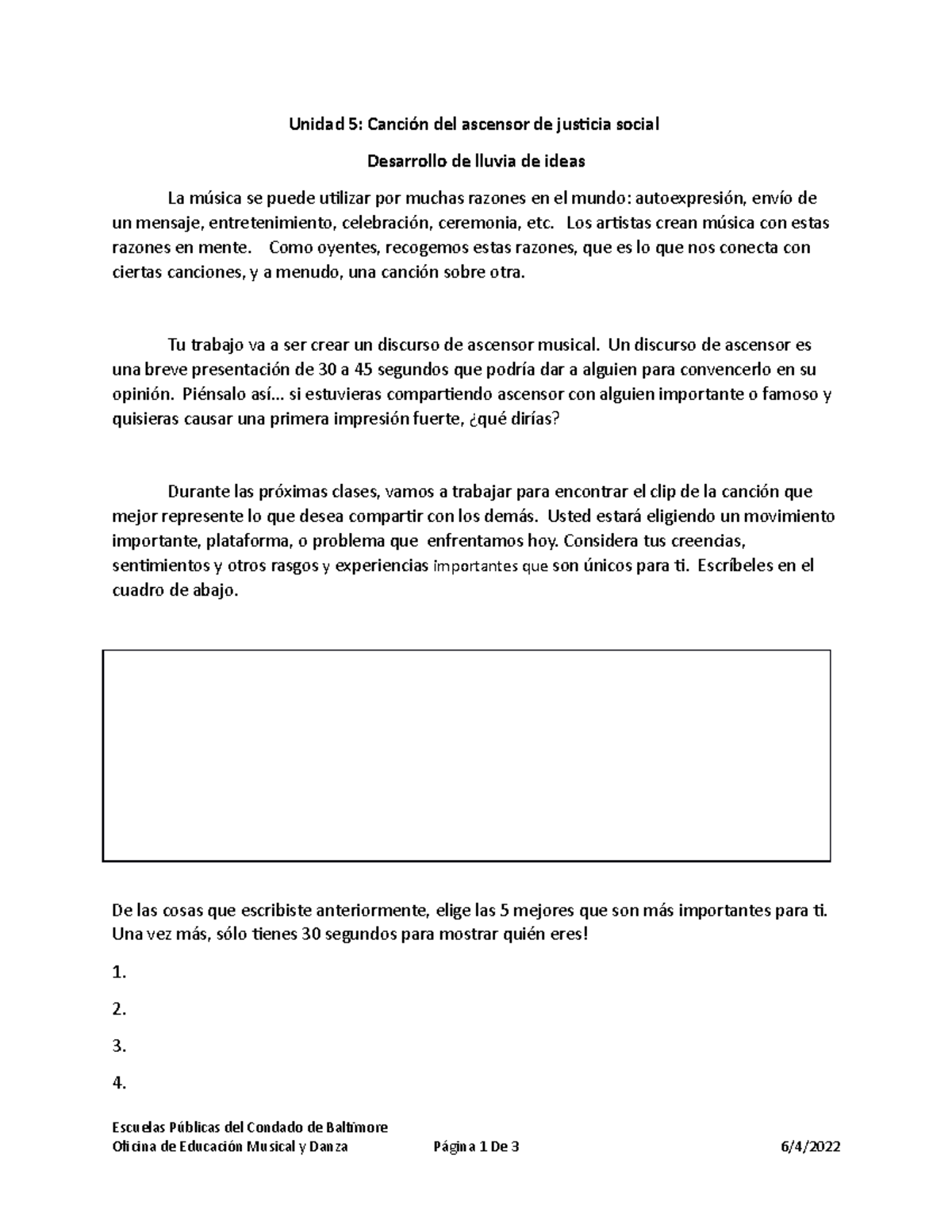 Social Justice Elevator Song Brainstorm in spanish - Unidad 5: Canción ...