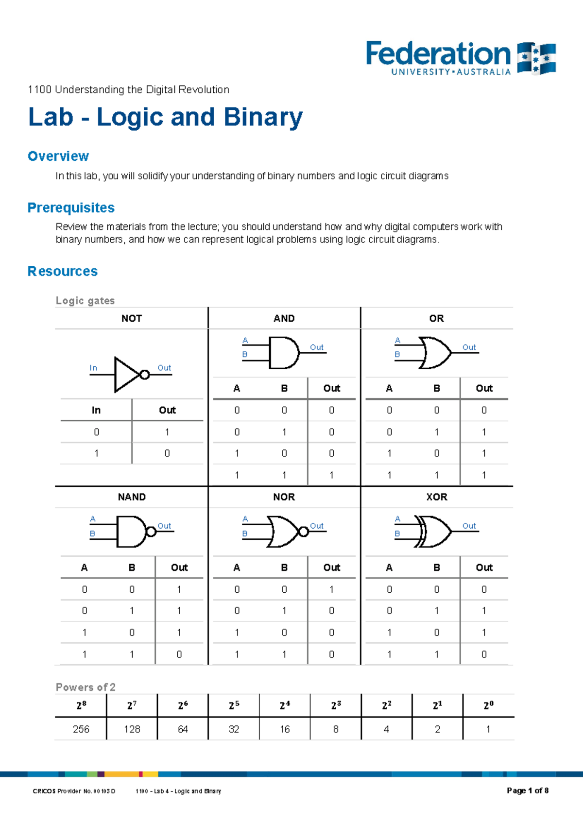 1100 - Lab 4 - Logic and Binary - 1100 Understanding the Digital Revolution Lab - Logic and ...