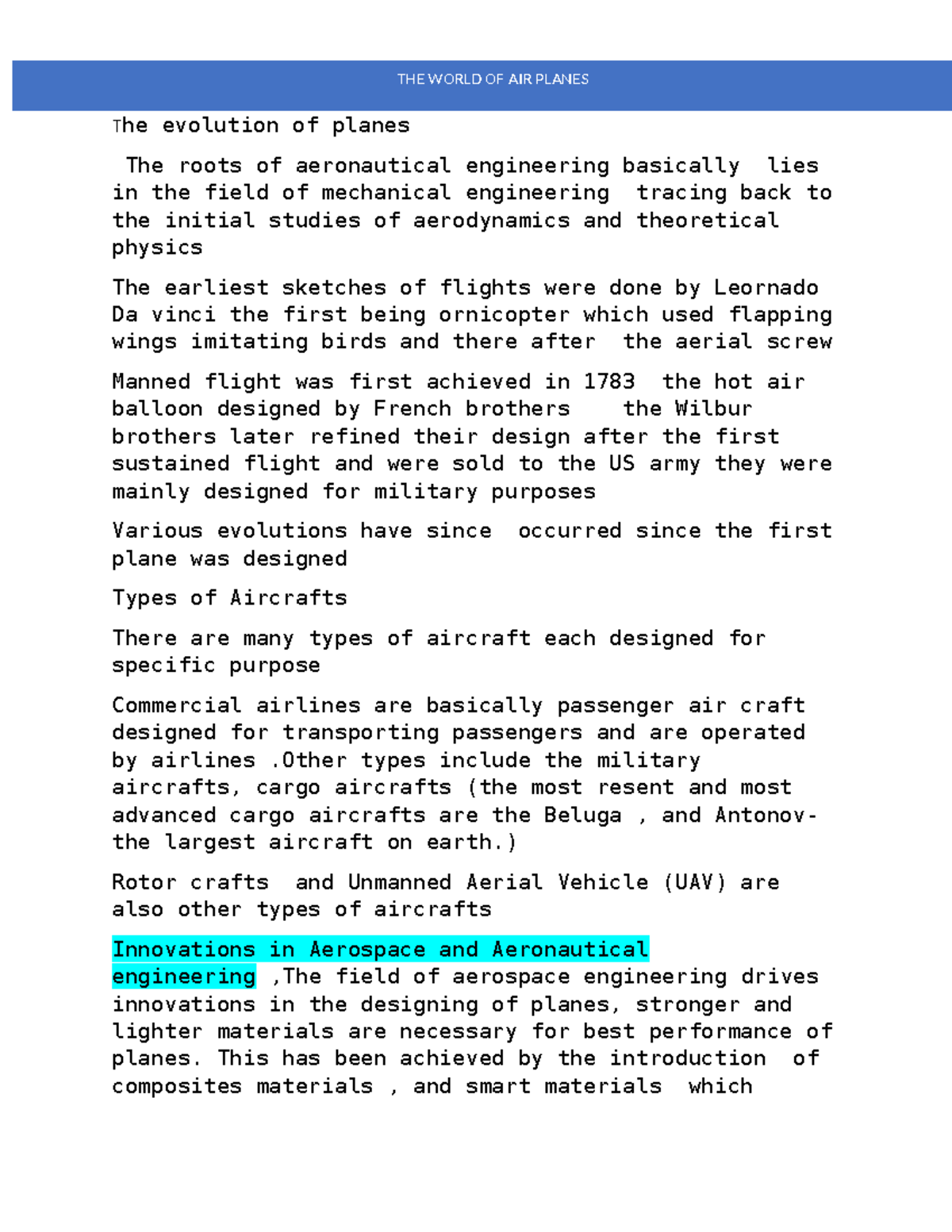 The world of planes - Summary computer science - THE WORLD OF AIR ...