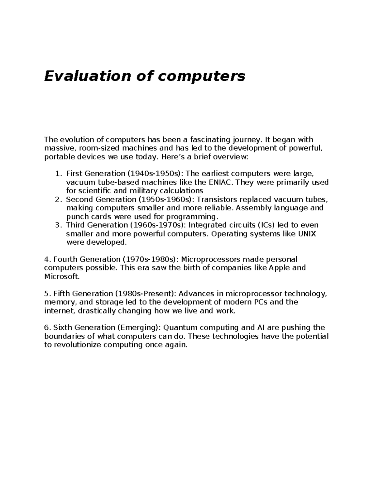 Lerian - Summary Information tech ology - Evaluation of computers The ...