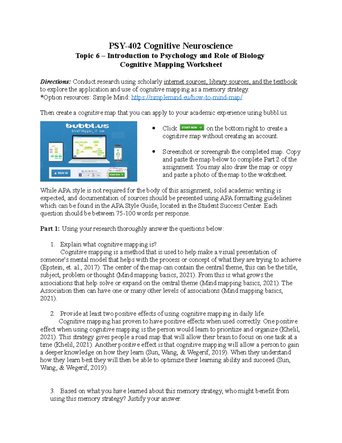 Cognitive mapping worksheet - PSY-402 Cognitive Neuroscience Topic 6 ...