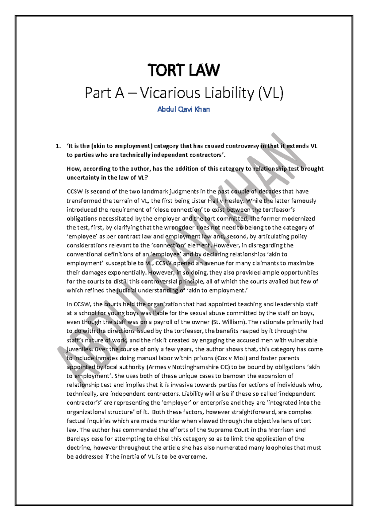 Tort - Part A - Sample (AQK) - TORT LAW Part A – Vicarious Liability ...