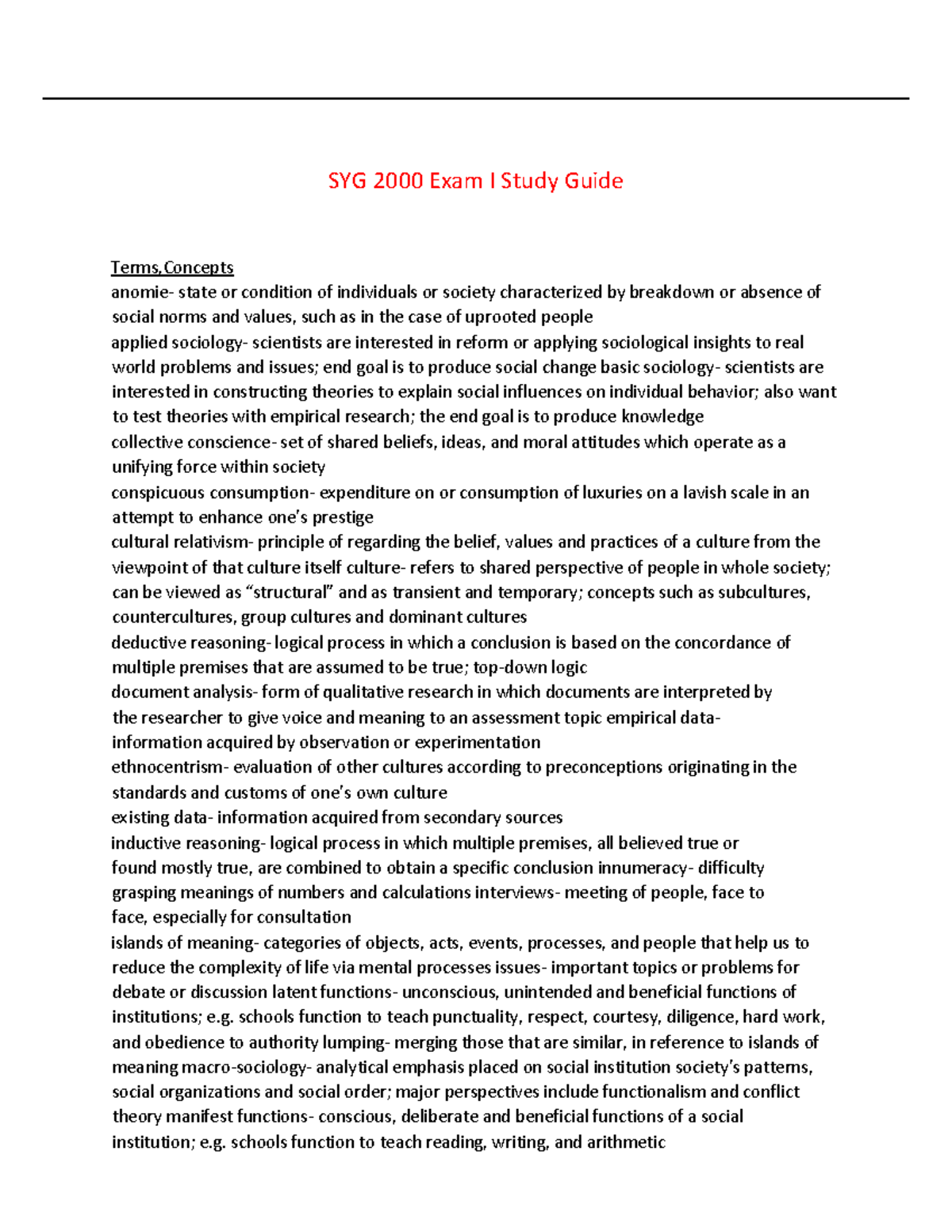 Exam I Study Guide - SYG 2000 Exam I Study Guide Terms,Concepts anomie ...
