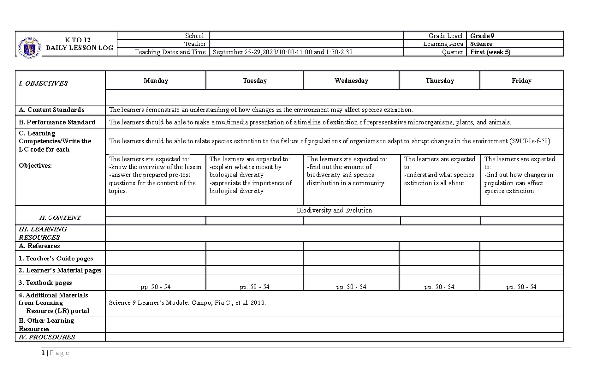 DLL Science 9 Q1 WEEK 5 - jdzjsmabchf - K TO 12 DAILY LESSON LOG School ...