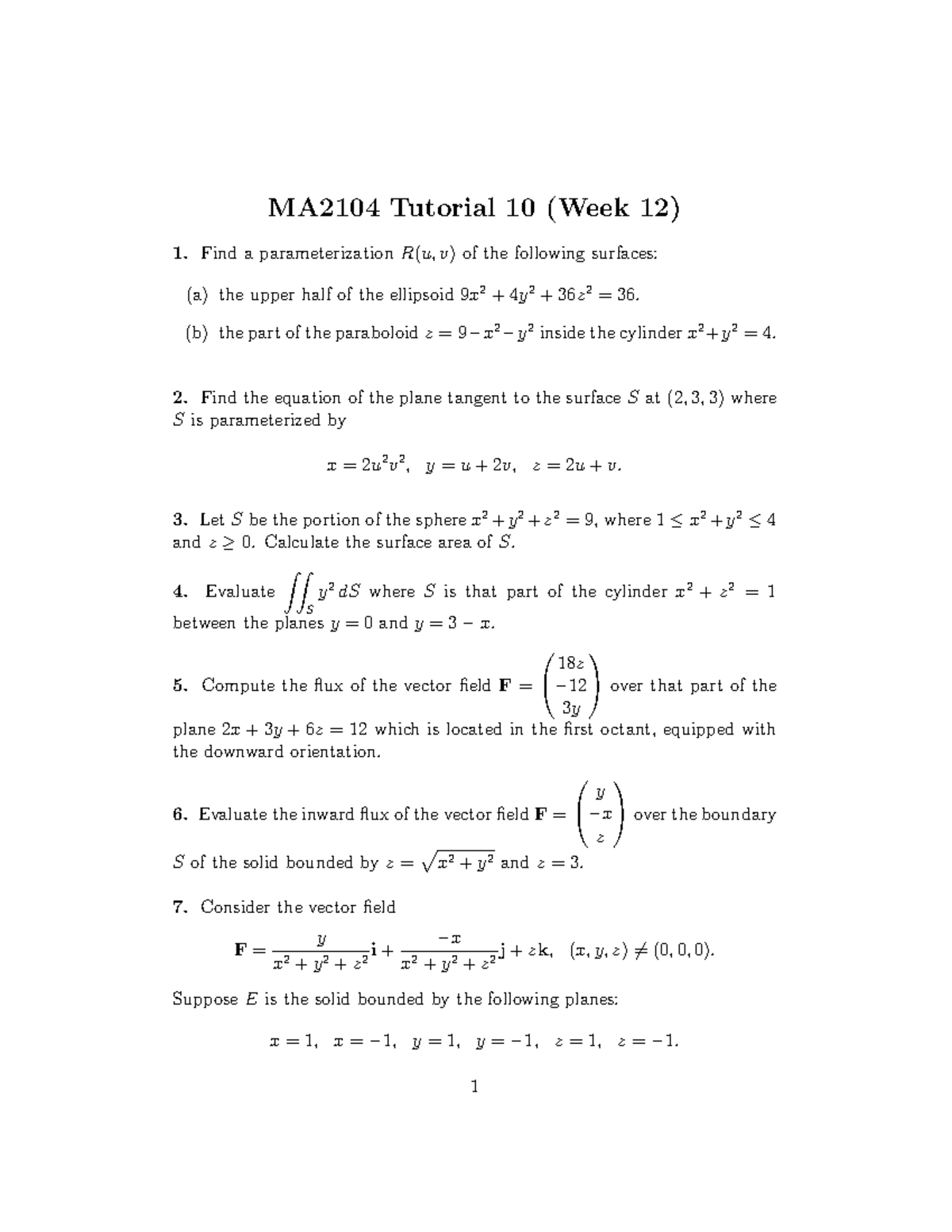 T10 - T10 qns - MA2104 Tutorial 10 (Week 12) Find a parameterization R ...