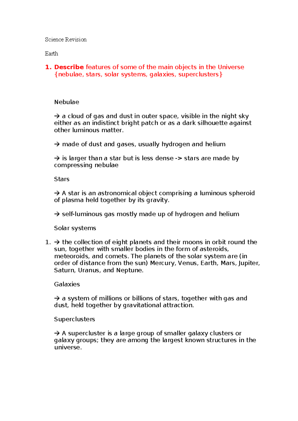 Random science notes - Science Revision Earth 1. Describe features of ...