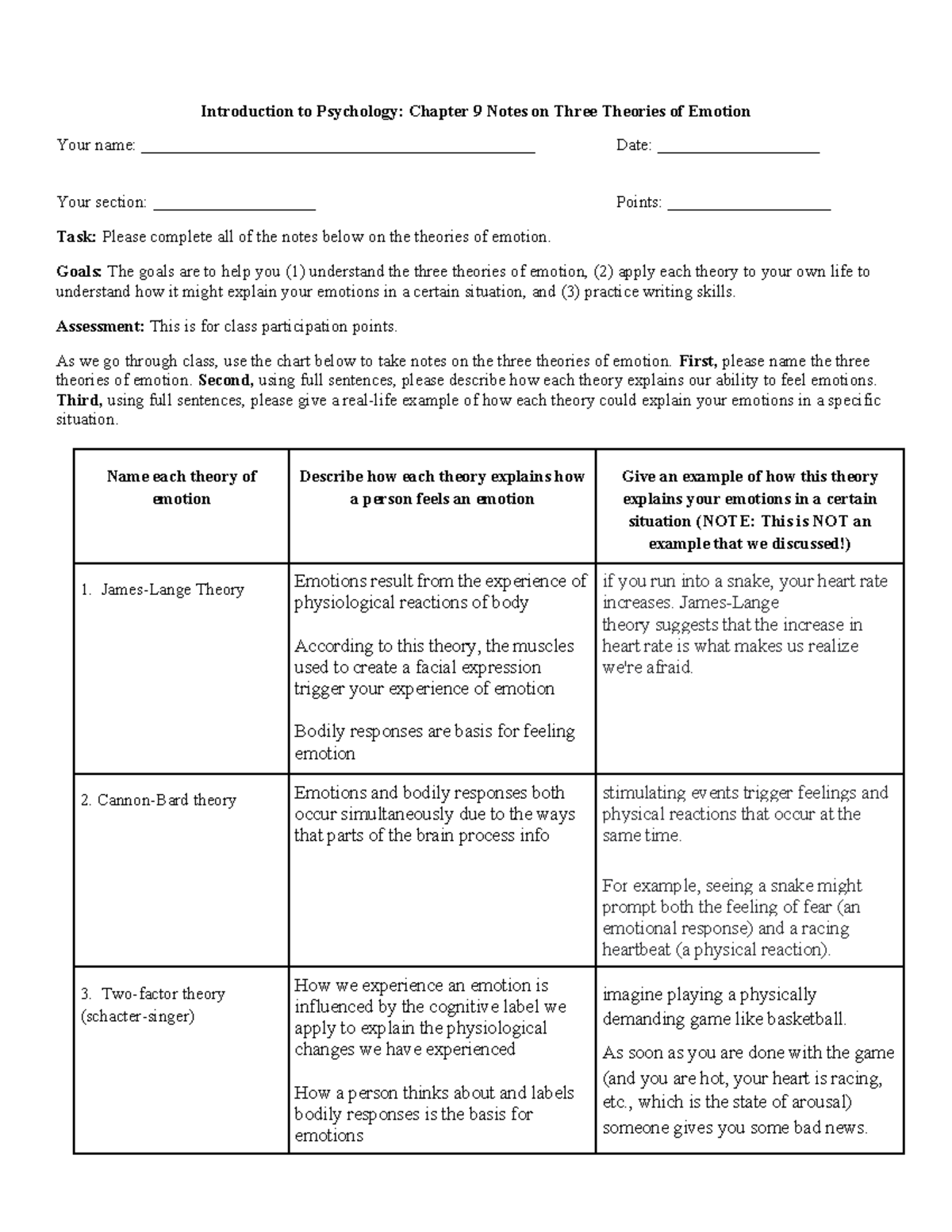 Ch 9 Active Learning - Class Notes Sheet, Theories of Emotion ...