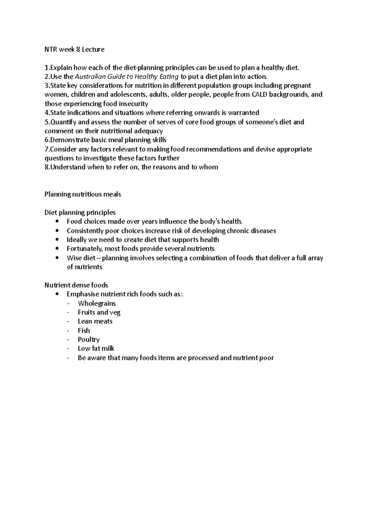 NTR week 8 Lecture - Notes - NTR week 8 Lecture 1 how each of the diet ...