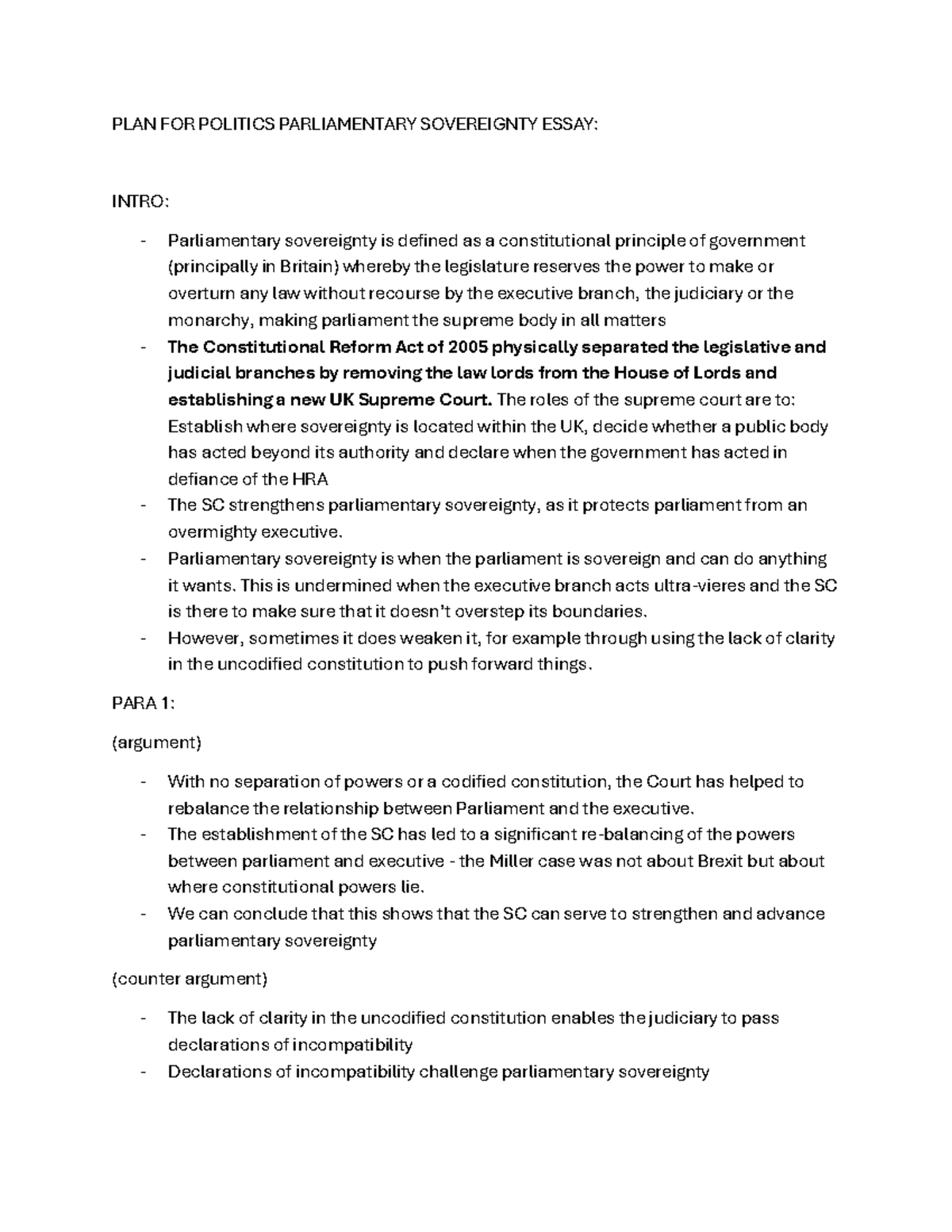 PLAN FOR Politics Parliamentary Sovereignty Essay - PLAN FOR POLITICS PARLIAMENTARY SOVEREIGNTY ...