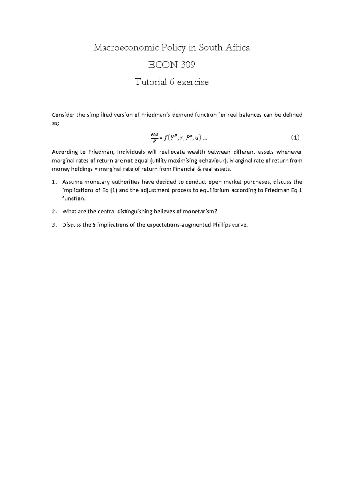 ECON309 TUT 6 - Tut - Macroeconomic Policy in South Africa ECON 309 ...