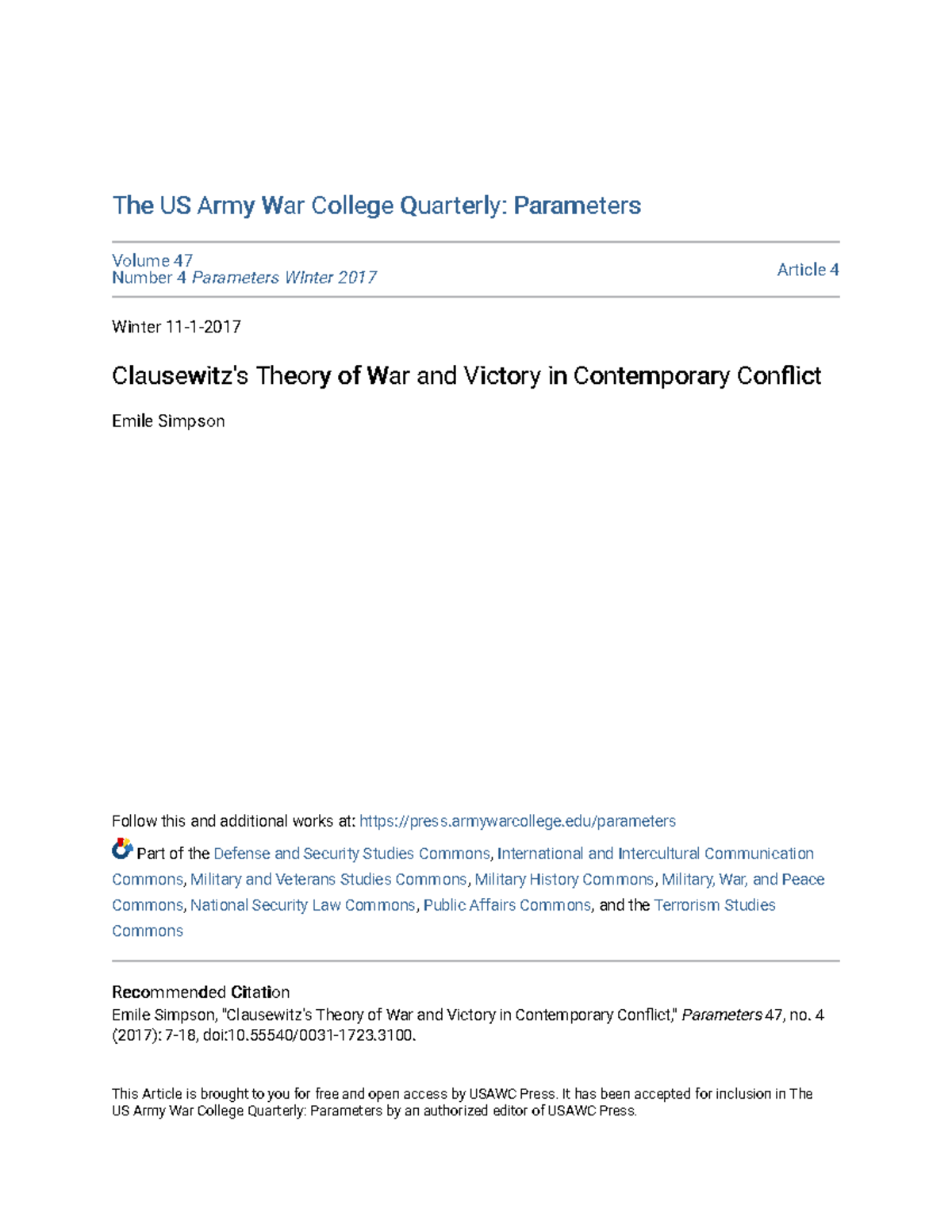 Clausewitzs Theory of War and Victory in Contemporary Conflict - The US ...