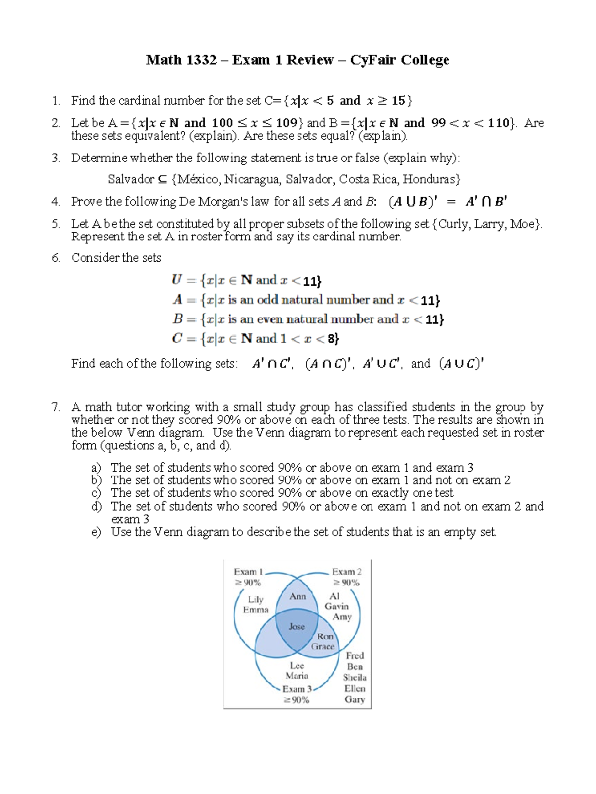 Math 1332 - Exam 1 Review - Math 1332 – Exam 1 Review – CyFair College Find the cardinal number ...