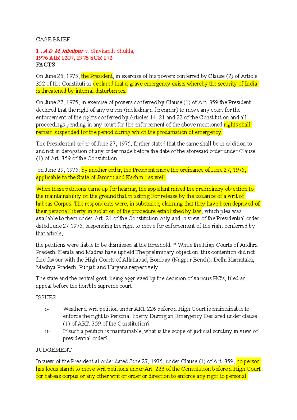 CASE Facts and Beiefs - material - CASE BRIEF A D M Jabalpur v ...