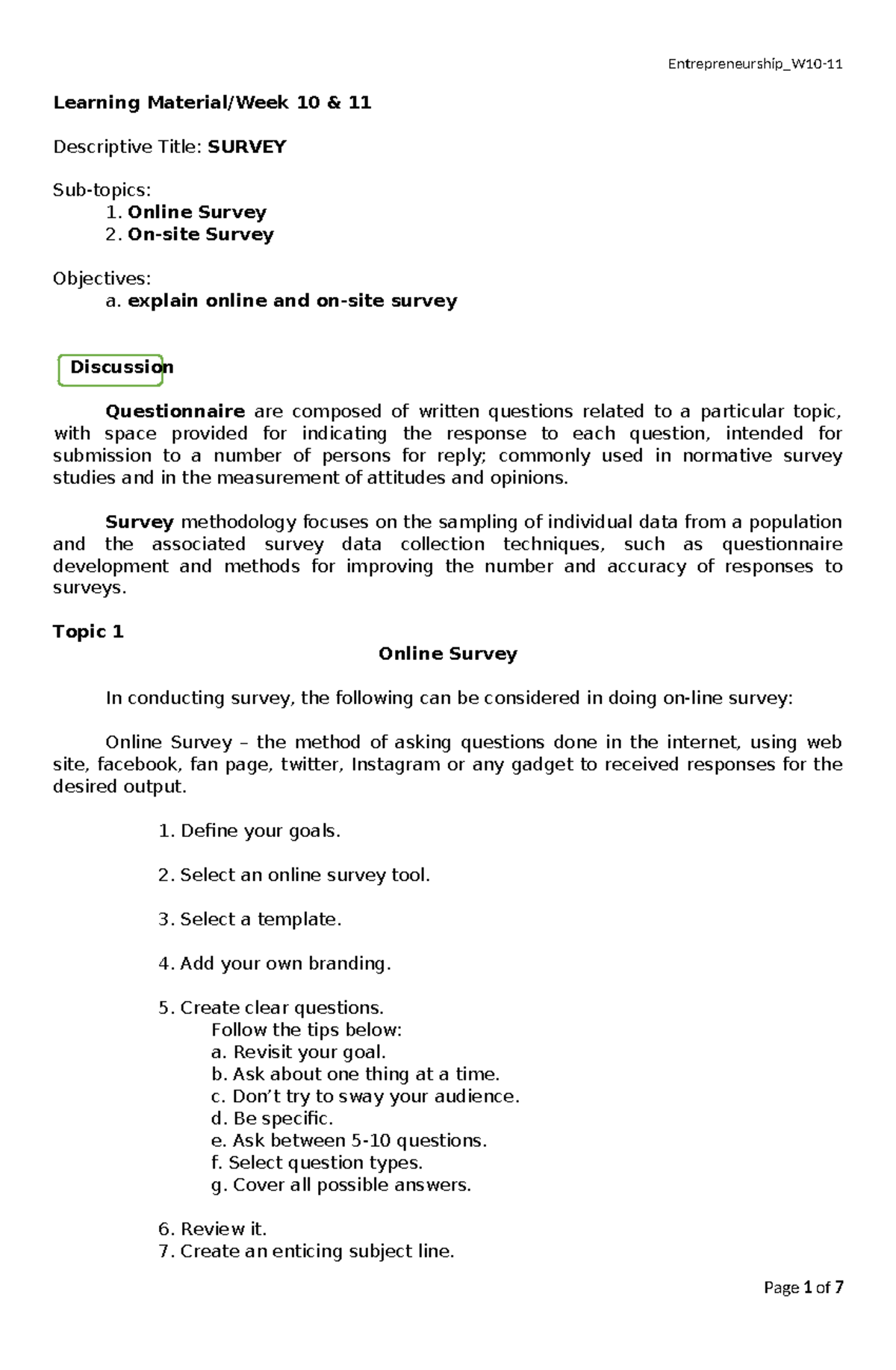 Entrep Week 10 11 - Filipinolohiya - Learning Material/Week 10 & 11 ...