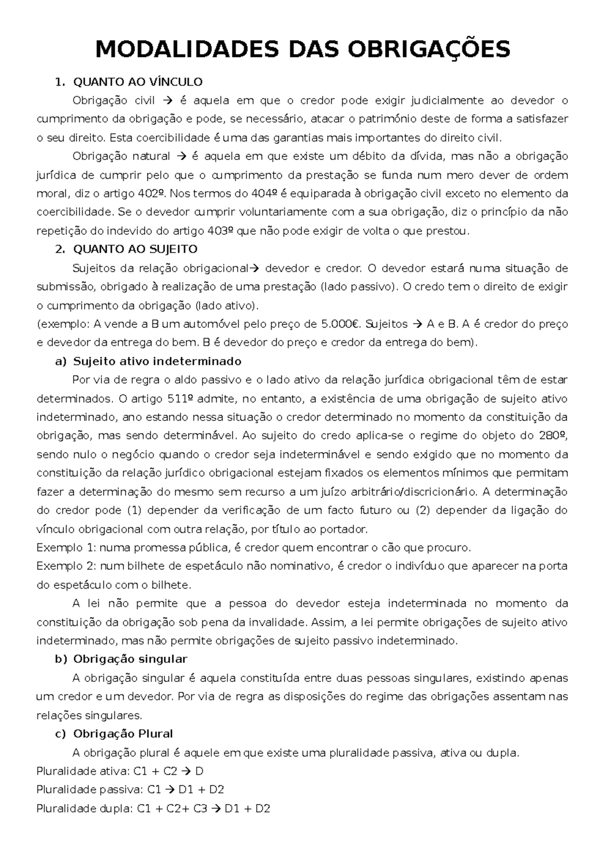 Modalidades DAS ObrigaçÕES - MODALIDADES DAS OBRIGAÇÕES 1. QUANTO AO ...