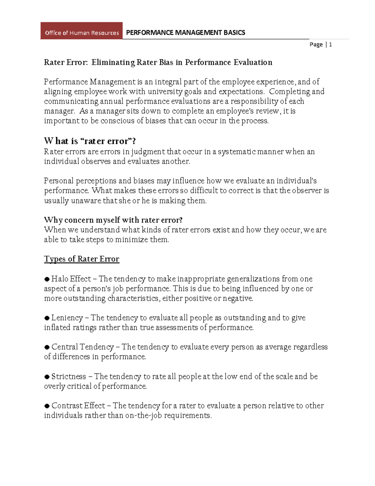 Performance management basics rater error - Office of Human Resources PERFORMANCE MANAGEMENT ...