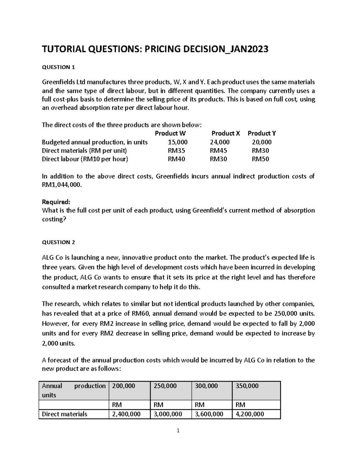 Tutorial questions pricing decision JAN 2023 - TUTORIAL QUESTIONS ...