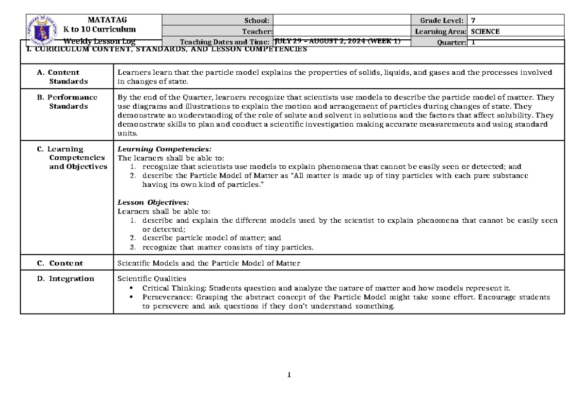 DLL Matatag Science 7 Q1 W1 - I. CURRICULUM CONTENT, STANDARDS, AND ...