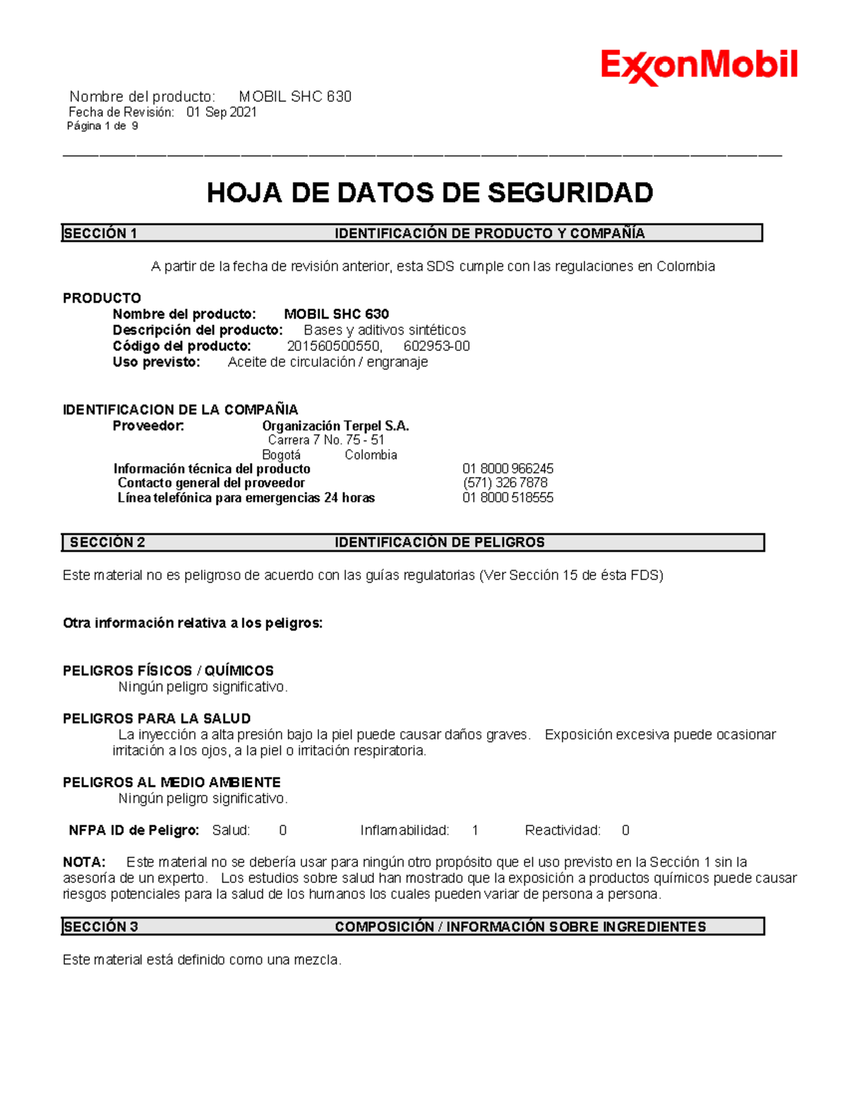 Mobil SHC 630 - Fichas seguridad - Fecha de Revisión: 01 Sep 2021 ...