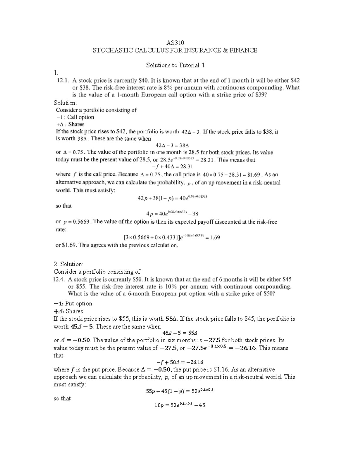 AS310 Tutorial 1 Solutions - AS STOCHASTIC CALCULUS FOR INSURANCE ...