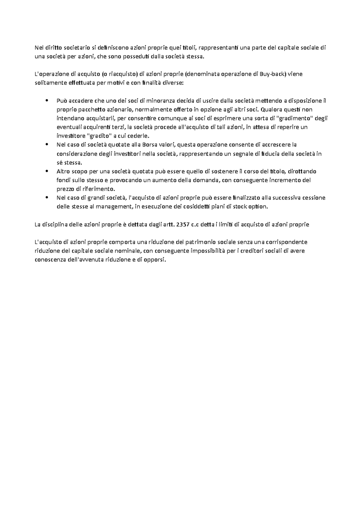 Azioni proprie - appunti lezione - Nel diritto societario si ...