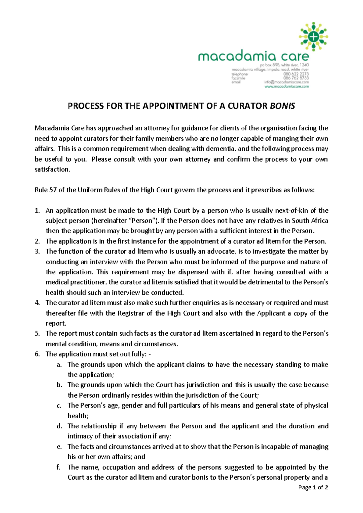 Curatorship 08092017 - Summary civil procedure - Page 1 of 2 PROCESS ...