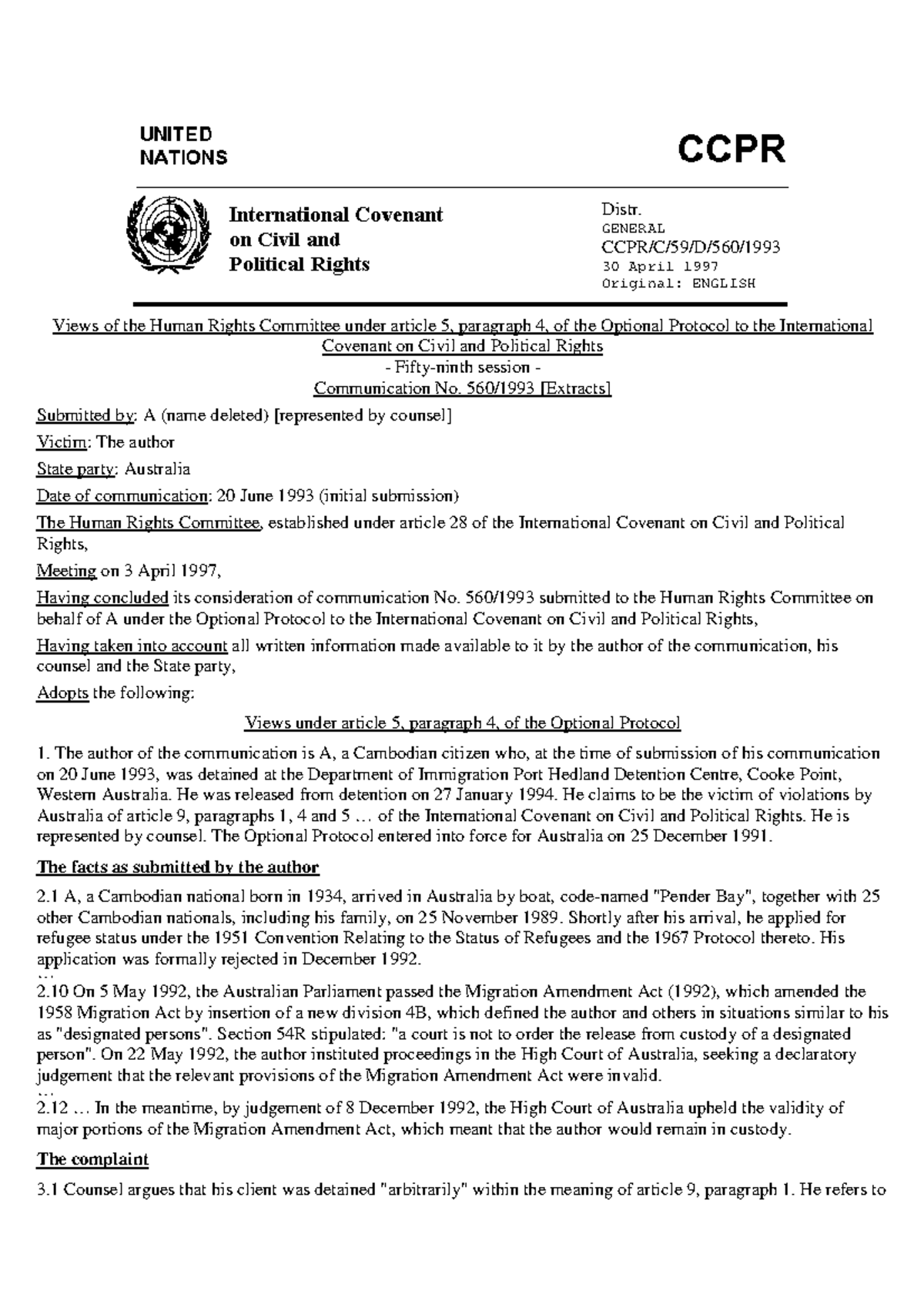 A v Australia Extracts - Case - Distr. GENERAL CCPR/C/59/D/560/ 30 April 1997 Original: ENGLISH ...