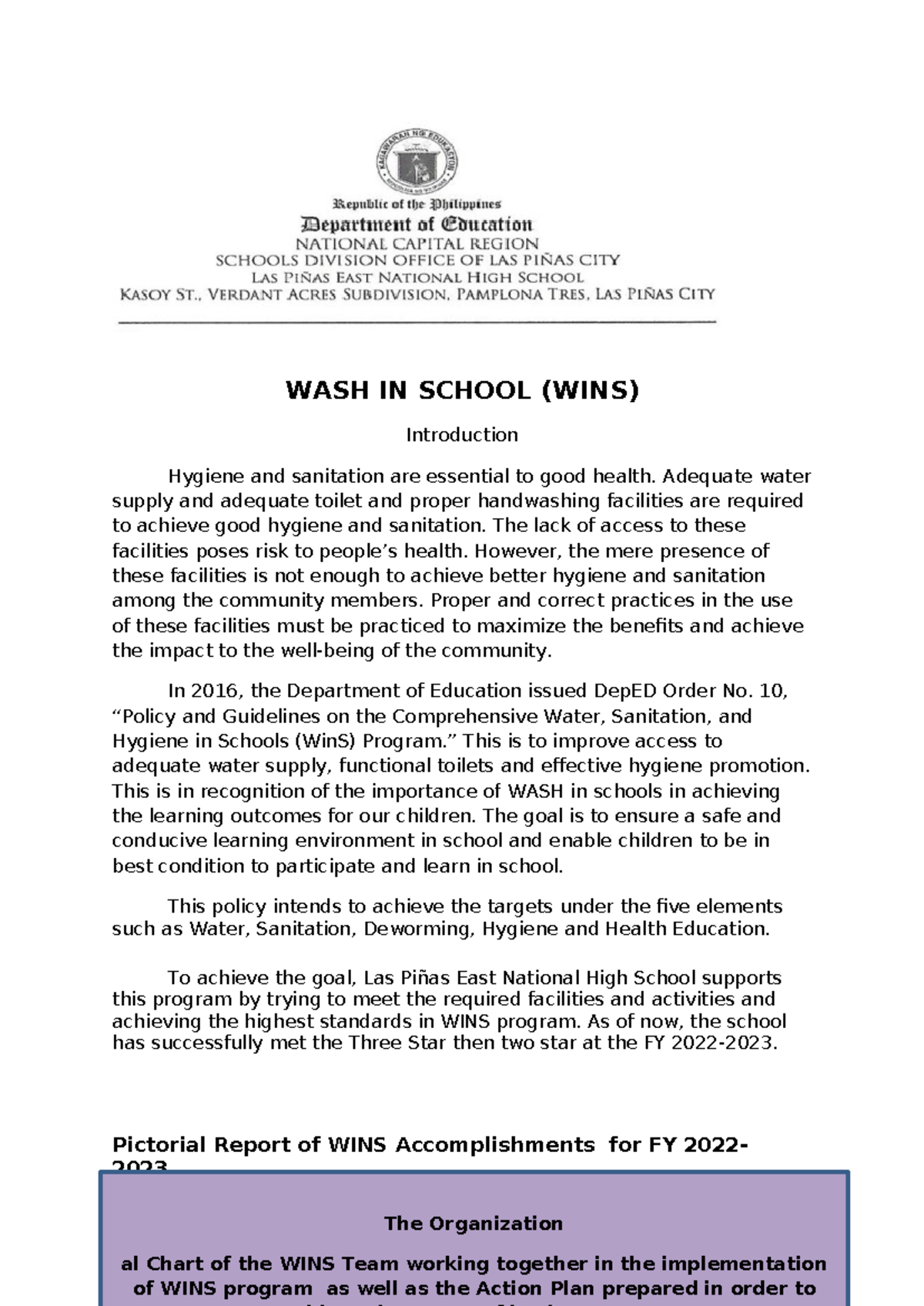 Accomplishment report wins project ibms - WASH IN SCHOOL (WINS ...