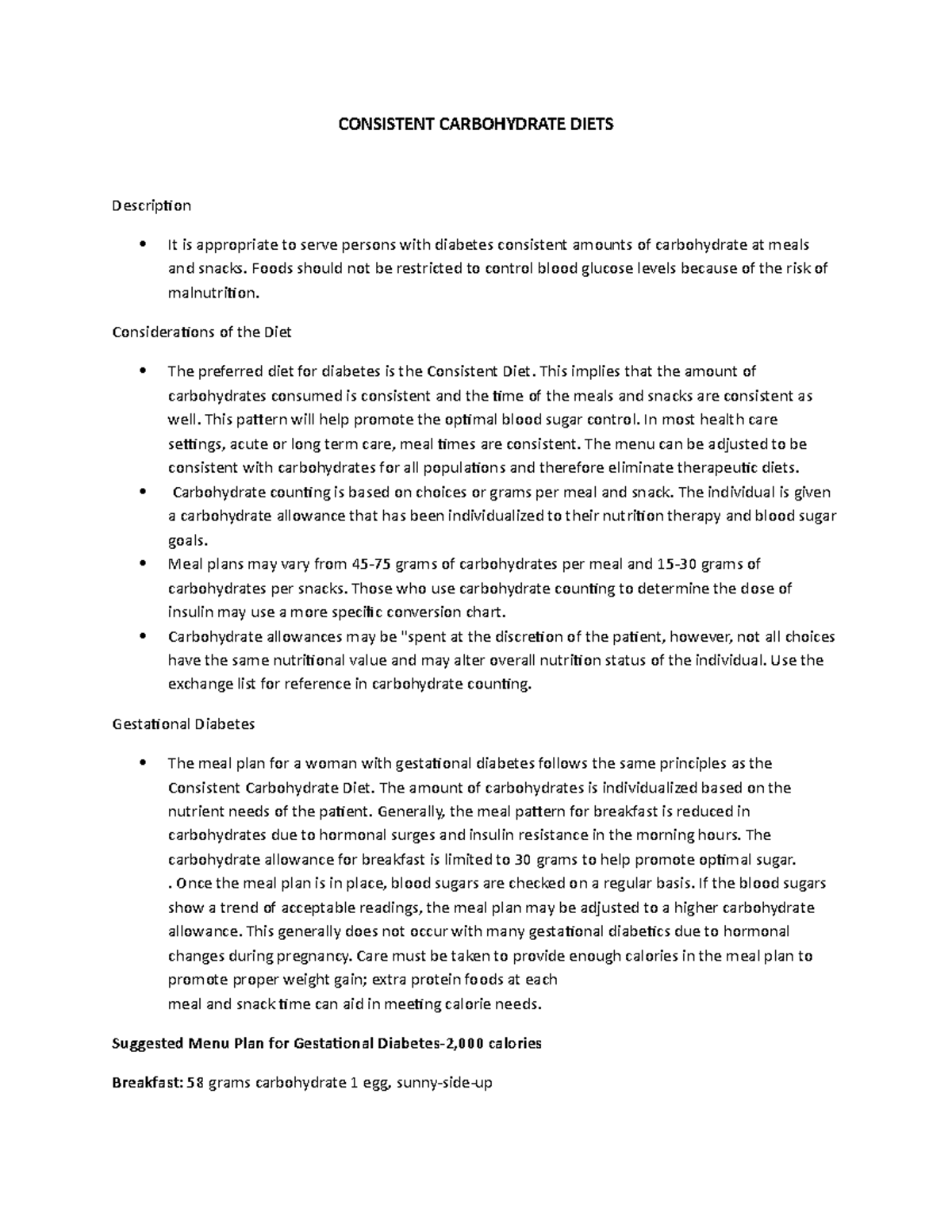 Classification of Diets - CONSISTENT CARBOHYDRATE DIETS Description It ...