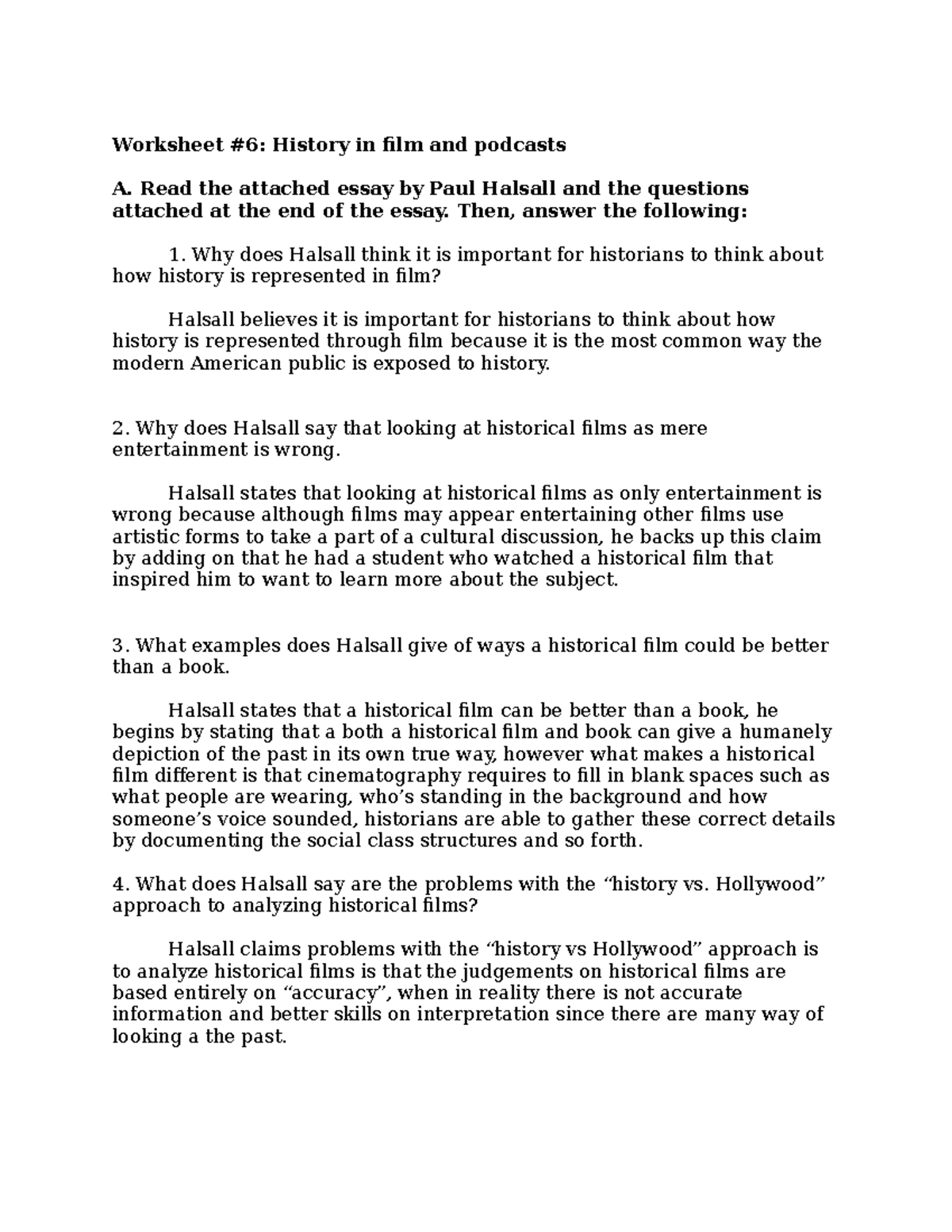 Worksheet 6 completed - Hist 101 - Worksheet #6: History in film and ...