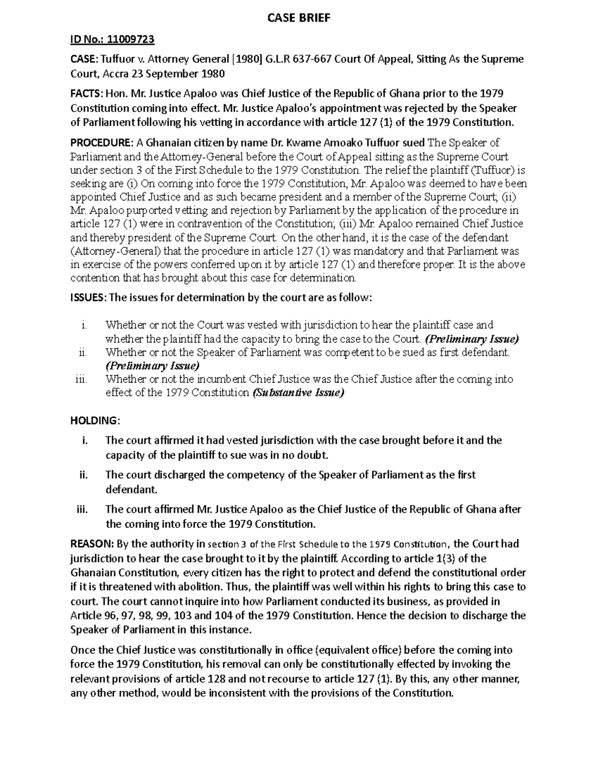 CASE Brief - Tuffuor v. Attorney-General - CASE BRIEF ID No.: 11009723 ...