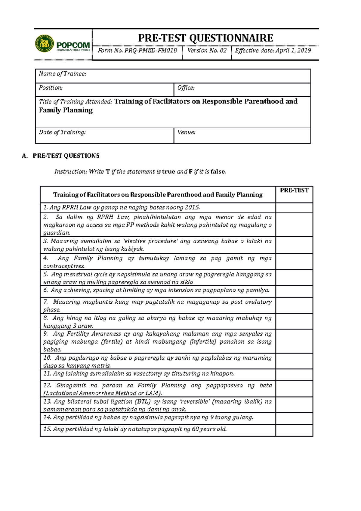 Pre test for RPFP ISO - Pre test for RPFP ISO - PRE-TEST QUESTIONNAIRE ...
